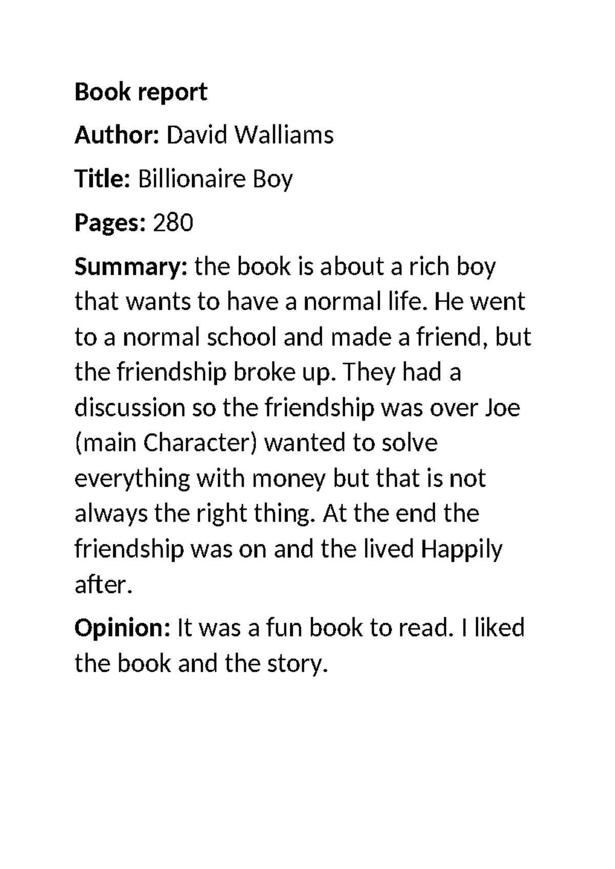 Billionaire Boy - Boekverslag van het boek Bilionaire boy - Engels ...
