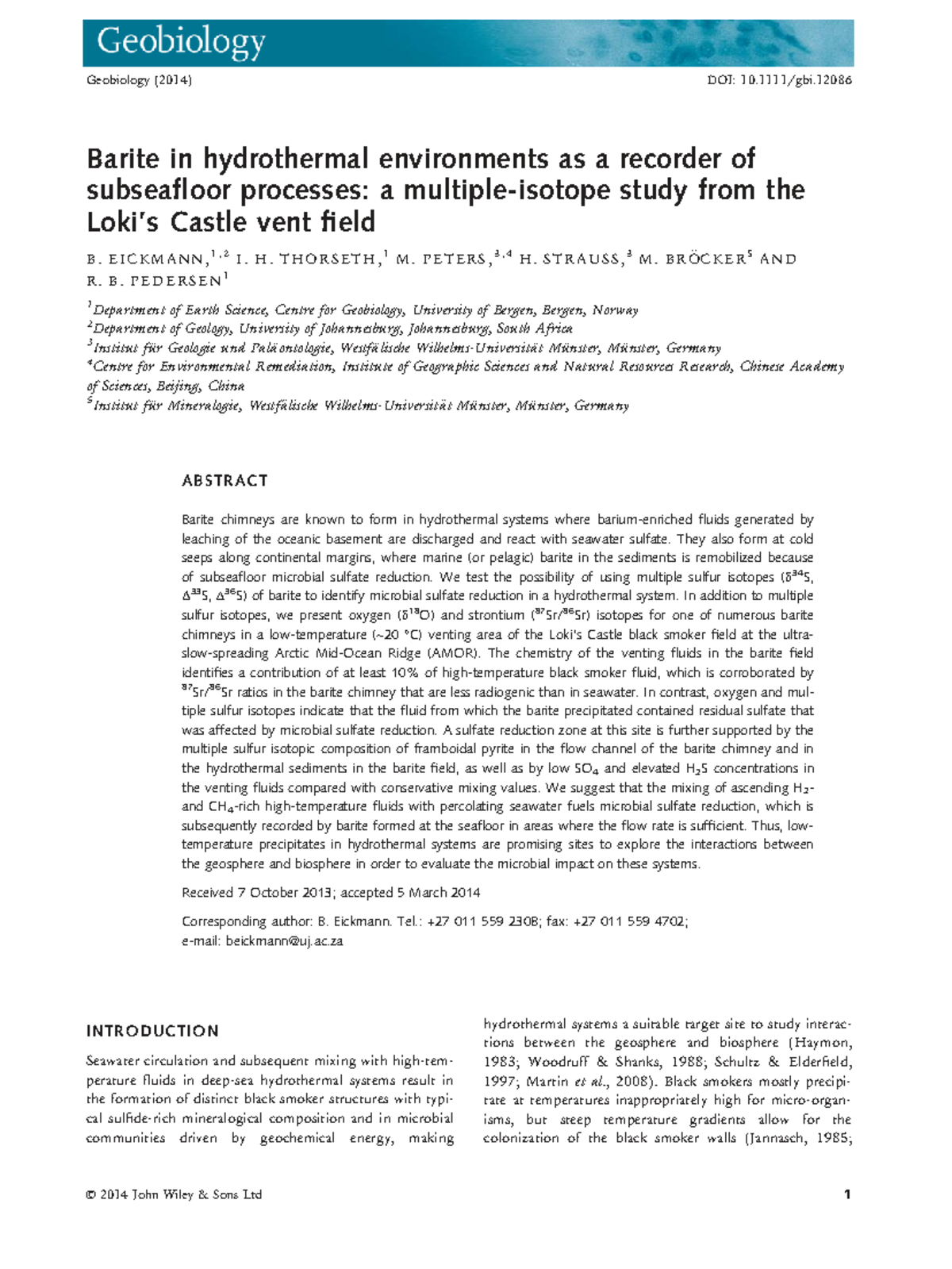 Barite Formation and Microbial Processes in Hydrothermal Systems (KER5 ...