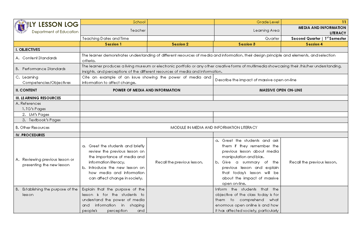 Lesson Log: Media & Information Literacy for Q2 W1 - Gr 11 - Studocu