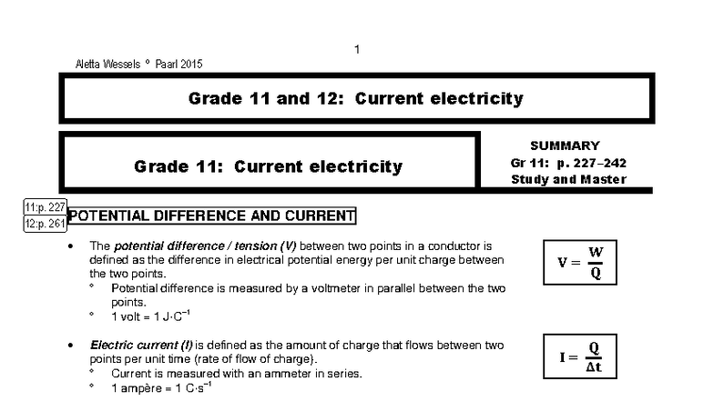 Grade 11 Current Electricity Summary: Key Concepts and Formulas - Studocu