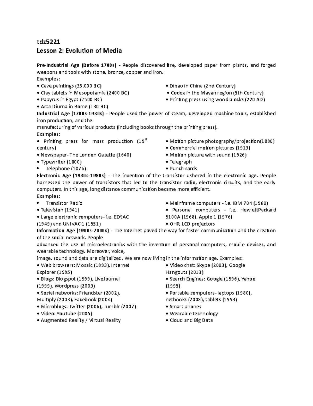 Lesson 2: Media Evolution from Pre-Industrial to Information Age - Studocu