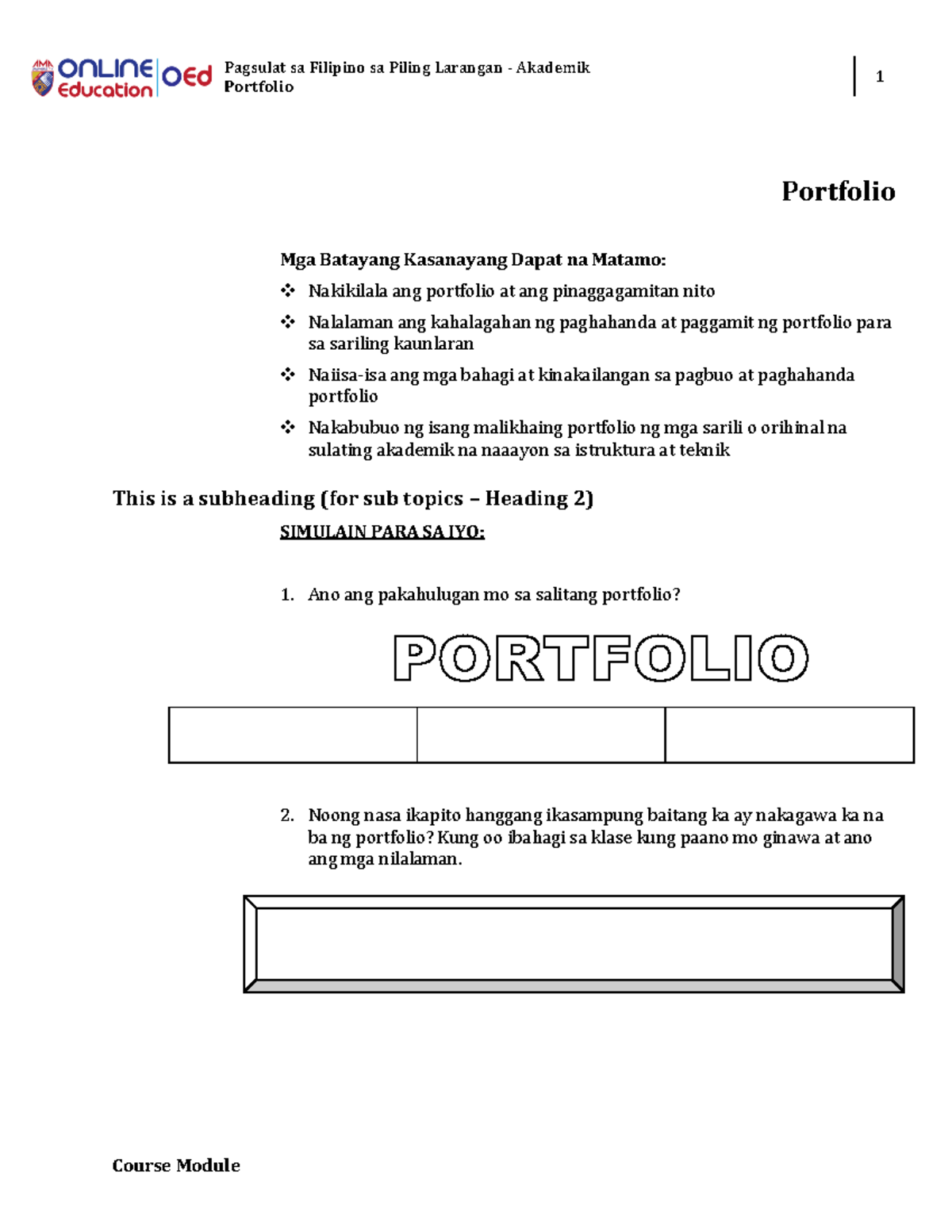 Pagsulat sa Filipino sa Piling Larangan (Akademik) - Portfolio Module ...