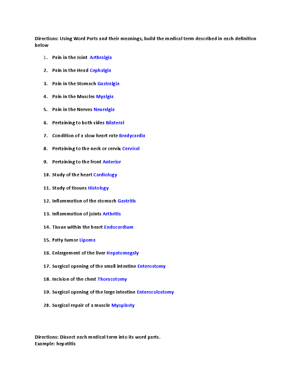 Medical Terminology CH1: Word Construction Worksheet & Definitions ...