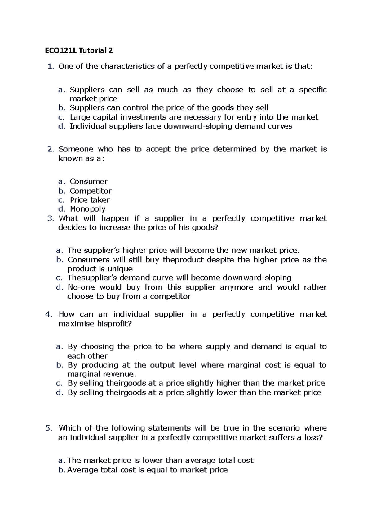 ECO121L Tutorial 2: Key Questions on Perfect Competition Concepts - Studocu