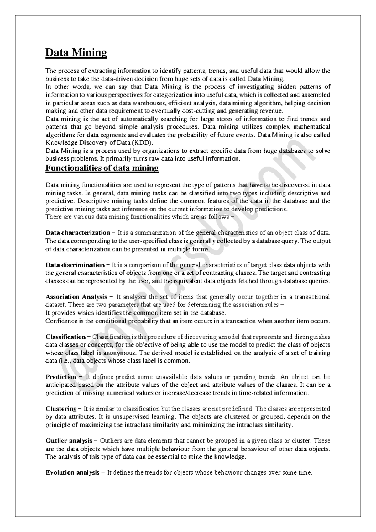 DATA Mining Module 2 - BCA Notes - Data Mining The process of ...