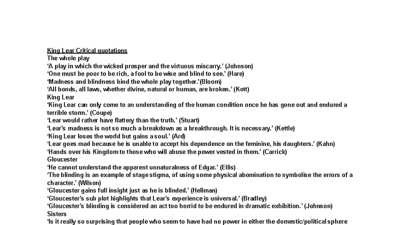 King Lear (ENG 101) Critical Quotations Analysis - Studocu