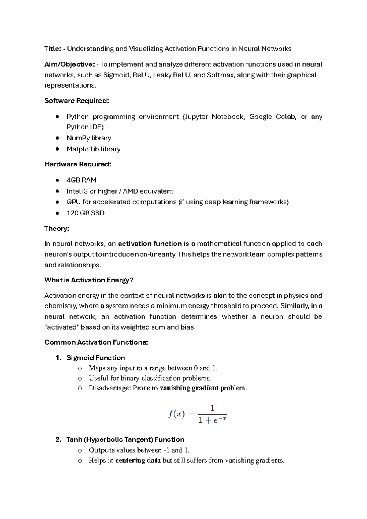 SL-2 (MIDS & ANN) Practical: Visualizing Activation Functions in NN ...