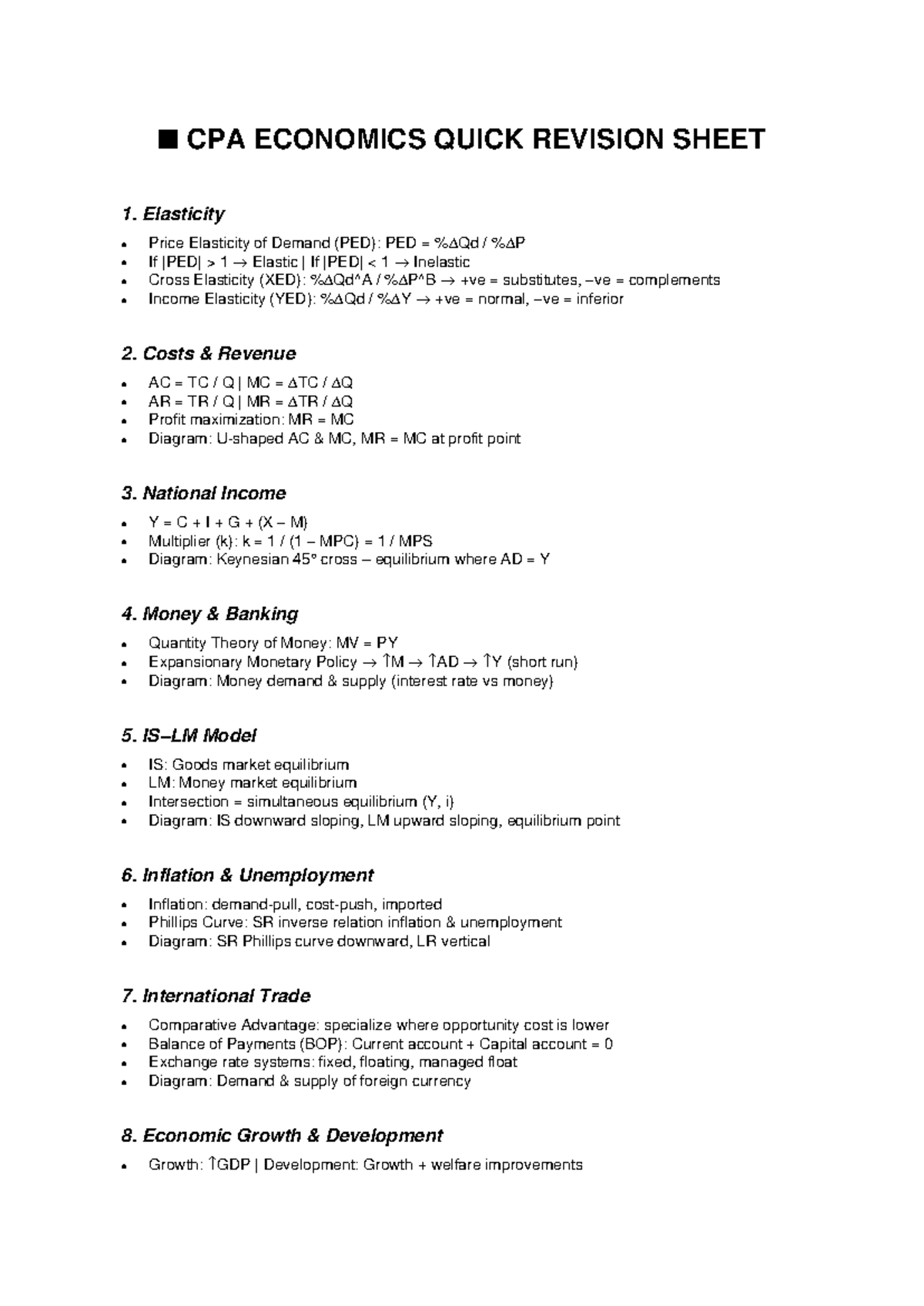 CPA ECONOMICS QUICK REVISION SHEET: KEY CONCEPTS & DIAGRAMS - Studocu