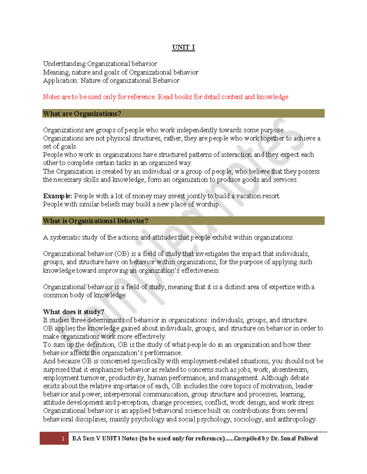 Unit I - BA Psychology 5th Sem Organizational Behavior Study Notes ...