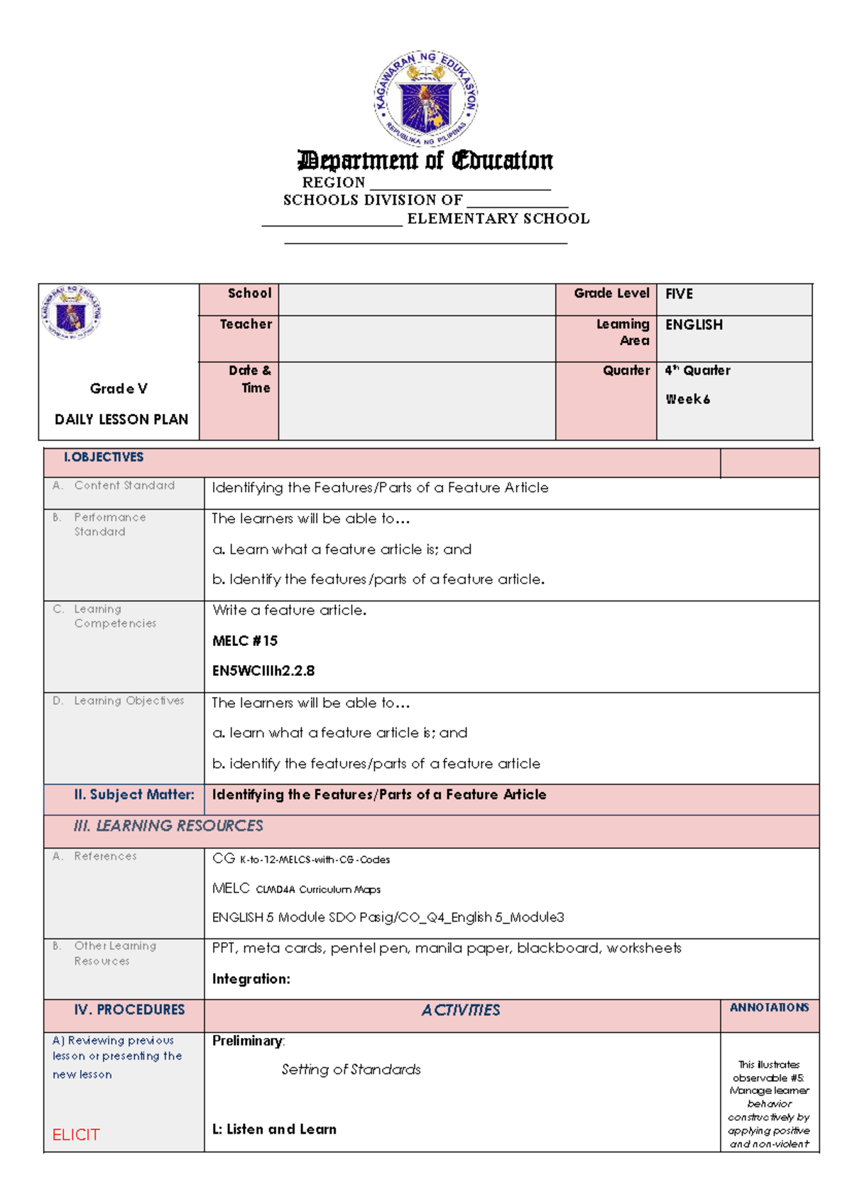 4th Quarter Daily Lesson Plan: Feature Article Analysis (ENG 5) - Studocu