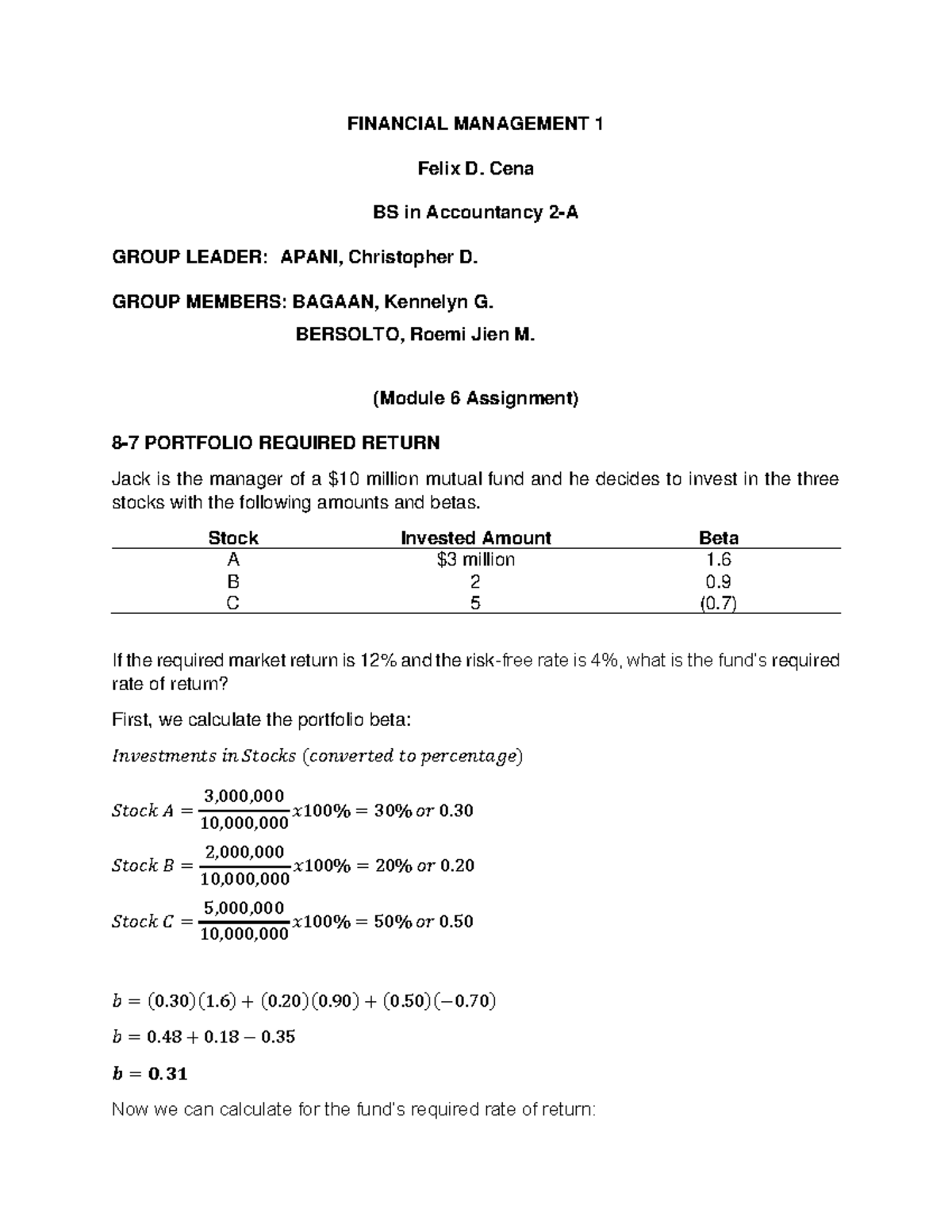 Module 6 Assignment Apani Bagaan and Bersolto BSA 2 A - FINANCIAL ...