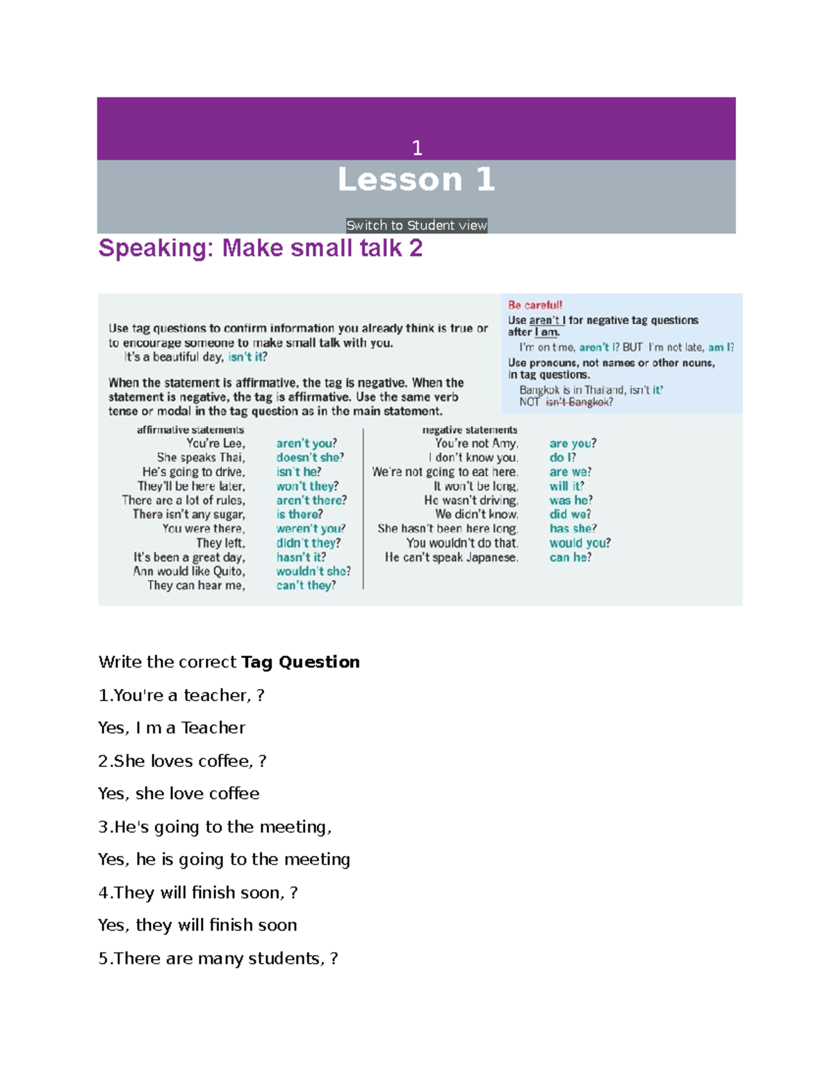 Unit 1 lesson 1: Speaking and tag questions practice for English - Studocu