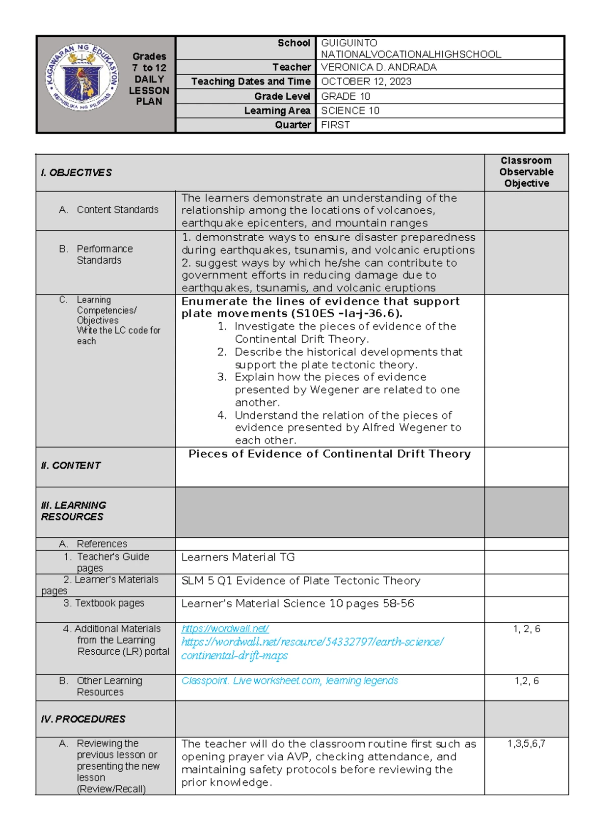 Veronica DLP: Lesson Plan for Grade 10 Science - Types of Chemical ...
