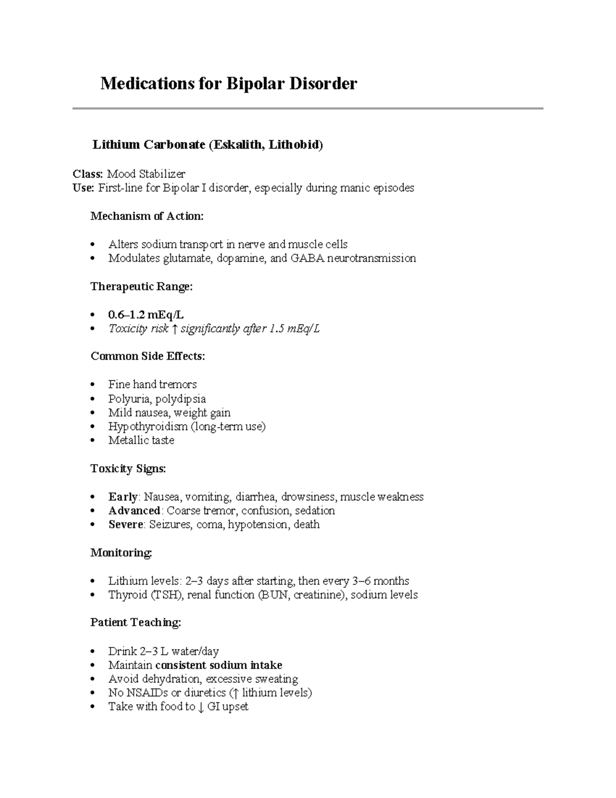 Mental Health Exam 2: Medications for Bipolar Disorder Overview - Studocu