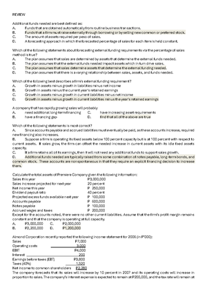 Finman reviewer - FINANCIAL MANAGEMENT REVIEWER Which of the following ...