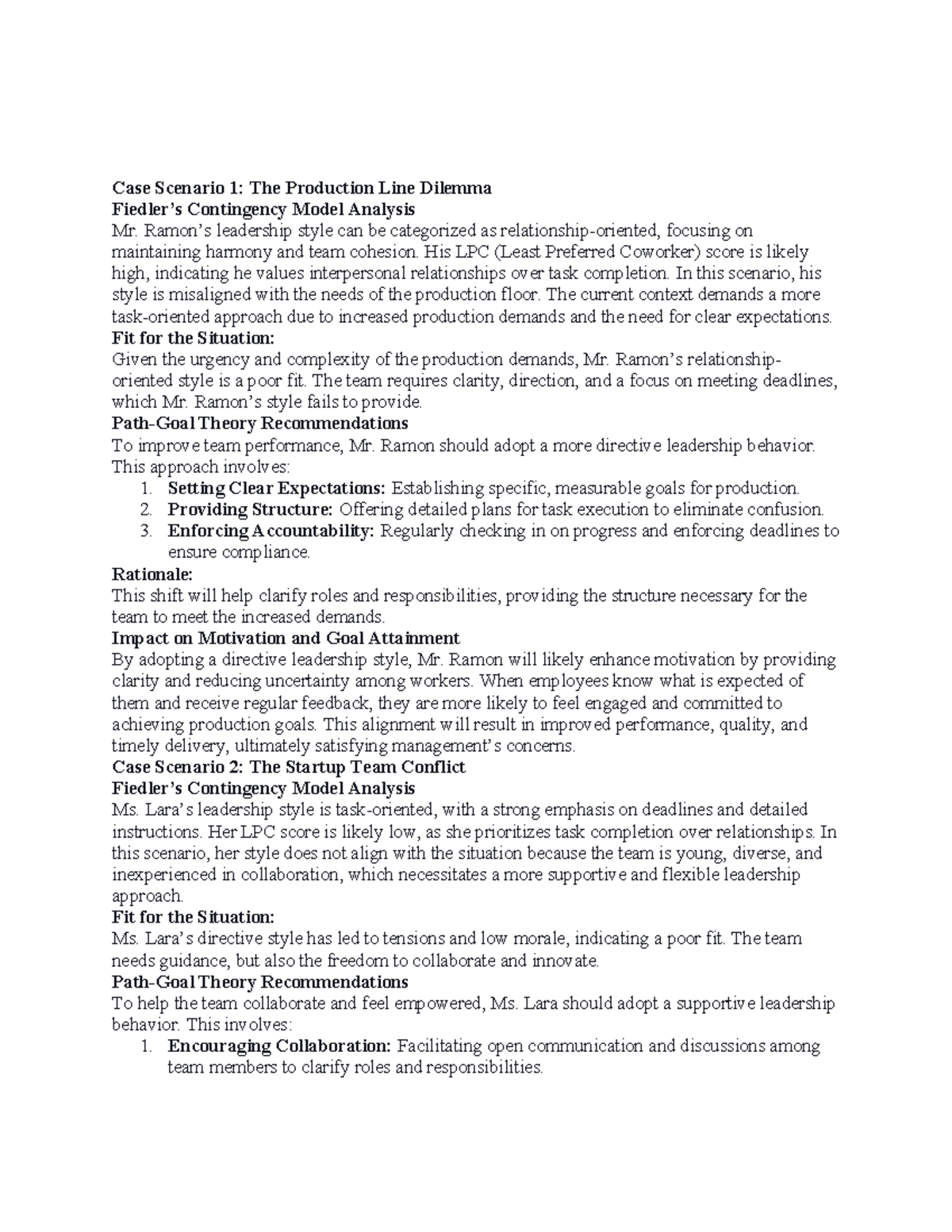 Case Study: Leadership Styles in Production and Startup Teams (MGT 101 ...