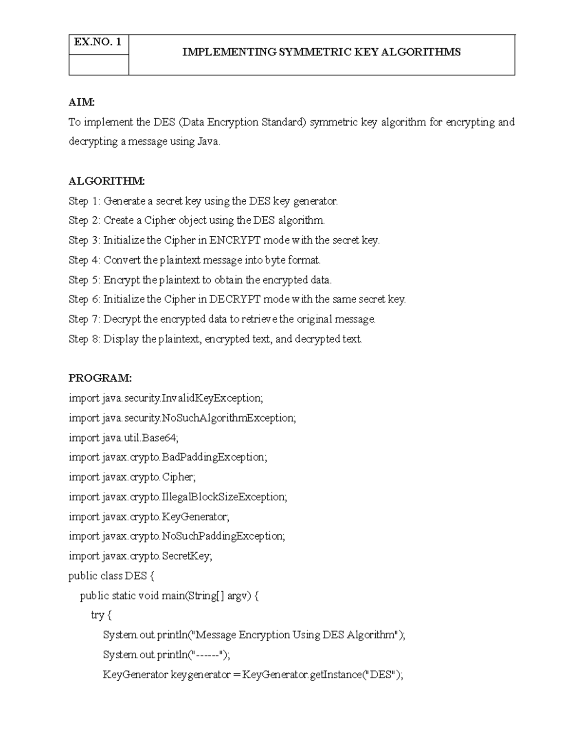 EX.NO. 1 & 2: Implementing Symmetric Key & Key Exchange Algorithms ...