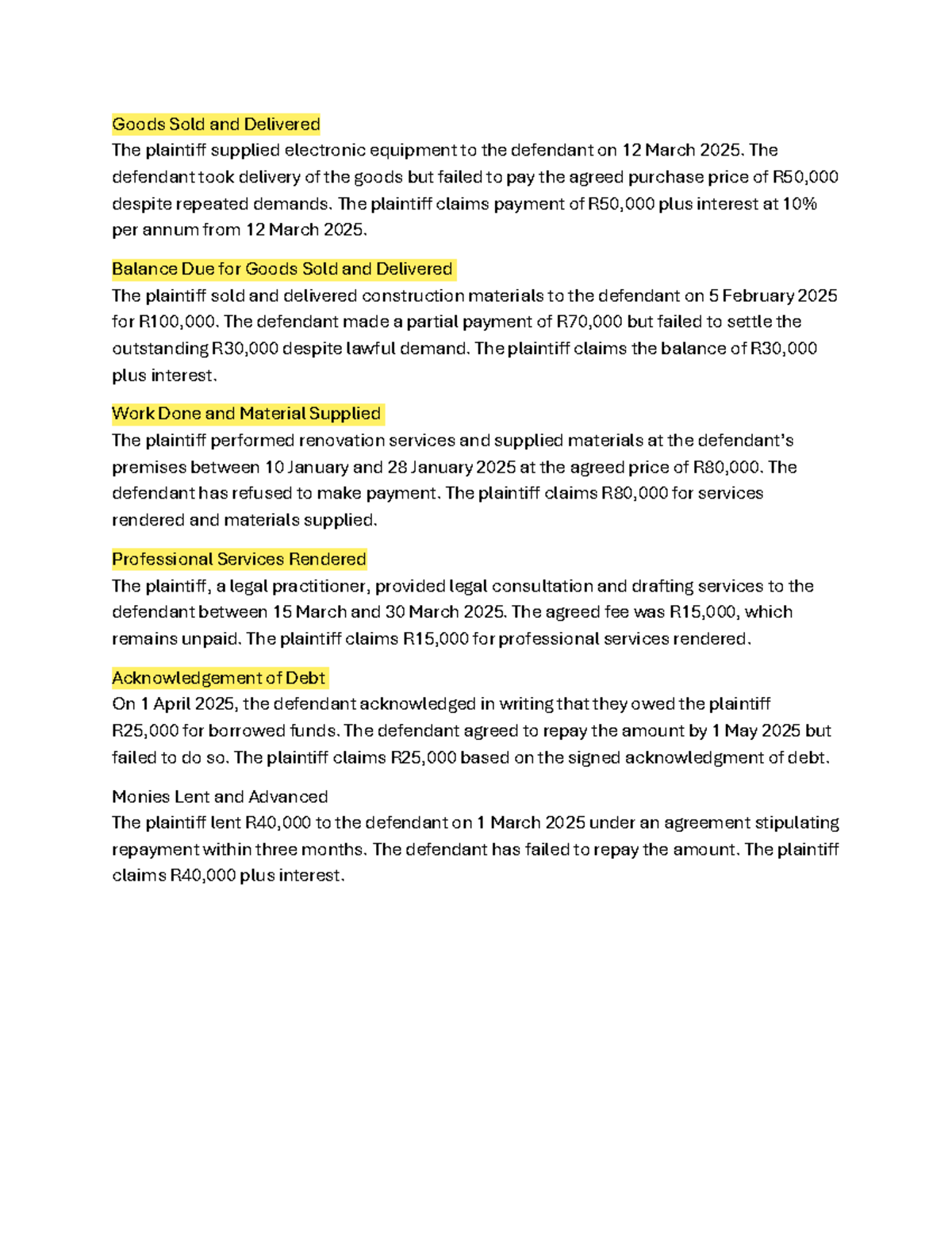 Draft Examples of Particulars of Claim for Goods & Services - Studocu