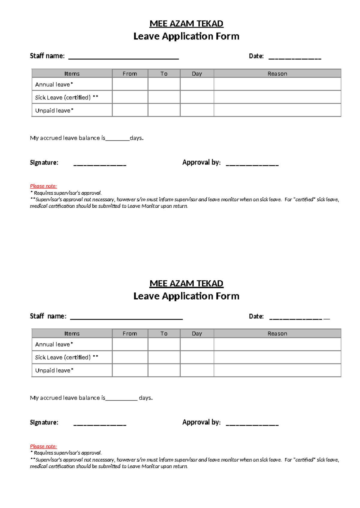 MEE AZAM TEKAD Leave Application Form for Staff - Studocu