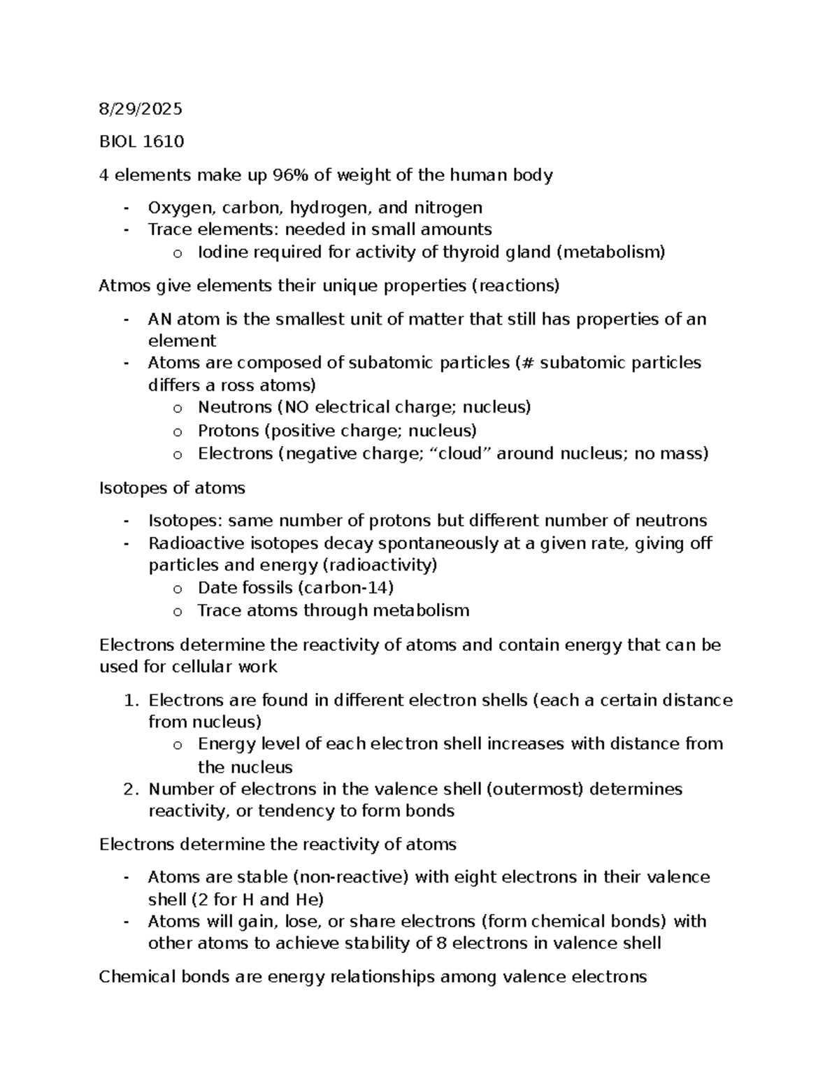 Understanding Atoms and Chemical Bonds in BIOL 1610 Lecture Notes - Studocu
