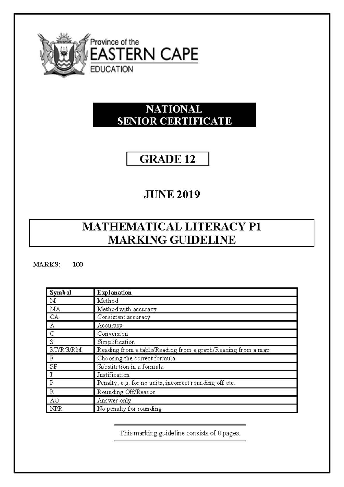 2019 EC Grade 12 Maths Literacy P1 June Marking Guideline - Studocu