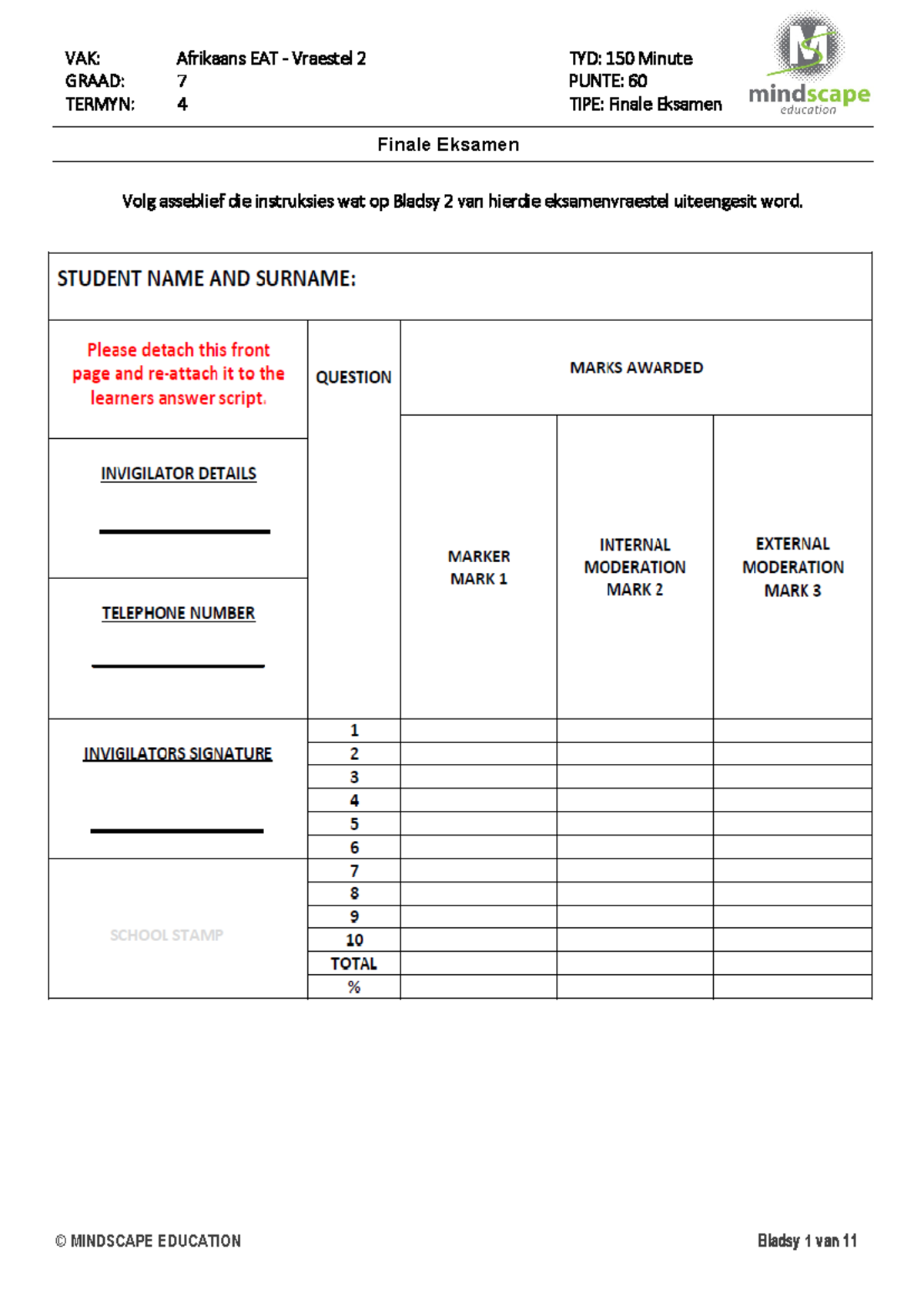 Graad 7 Afrikaans EAT finale eksamen vraestel 2: Taal en leesbegrip ...