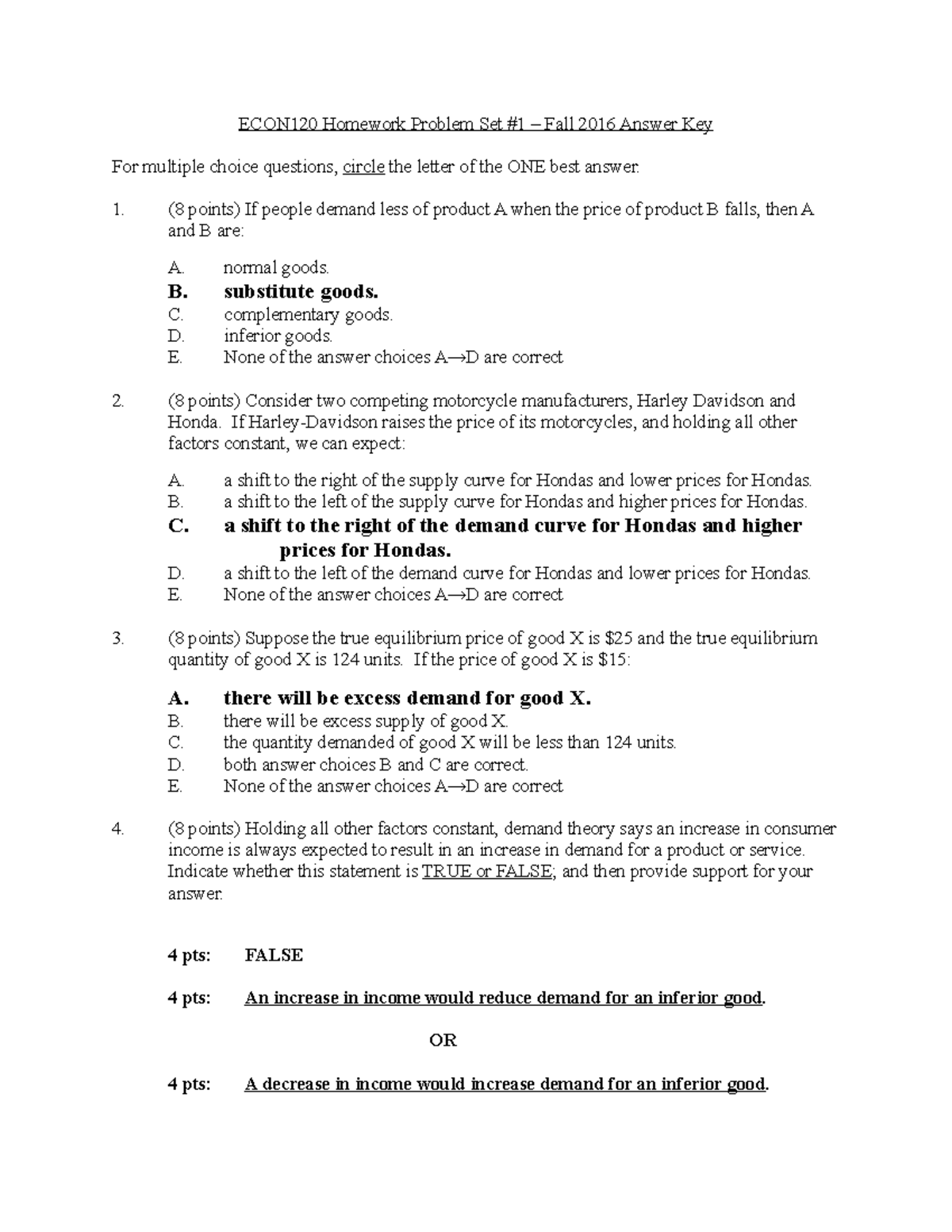 Homework Problem Set#1Fall2016 Answer Key - ECON120 Homework Problem Set Fall 2016 Answer Key ...