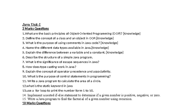 Java Unit 1 - Important 2 & 10 Marks Questions - Studocu