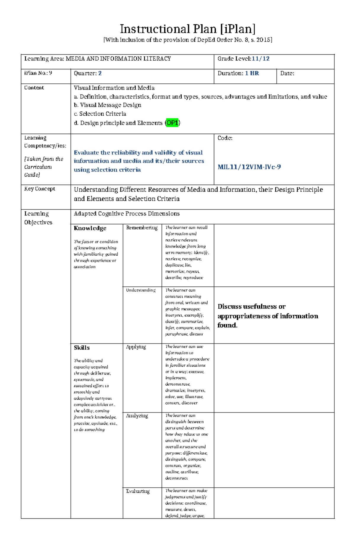 MILQ2 LC9 - lesson plan - Instructional Plan [iPlan] [With inclusion of ...