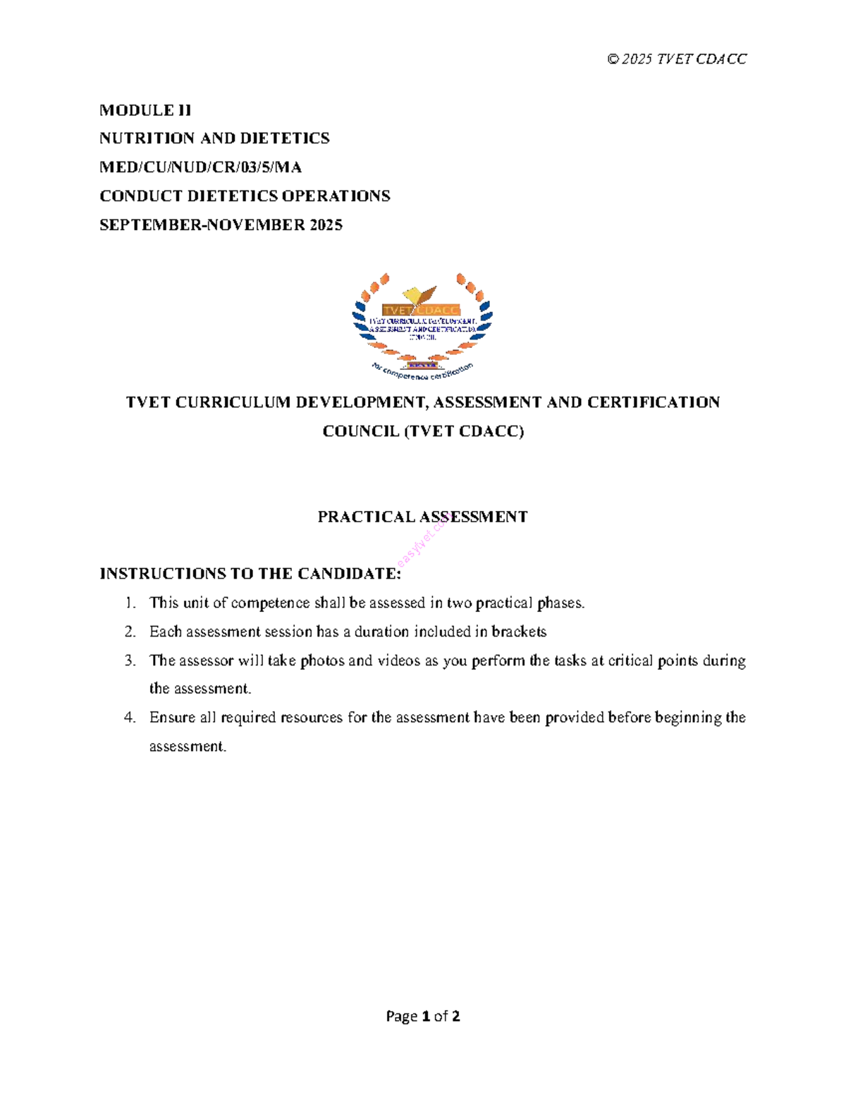 TVET CDACC Module II: Dietetic Practicals Assessment Guide - Studocu