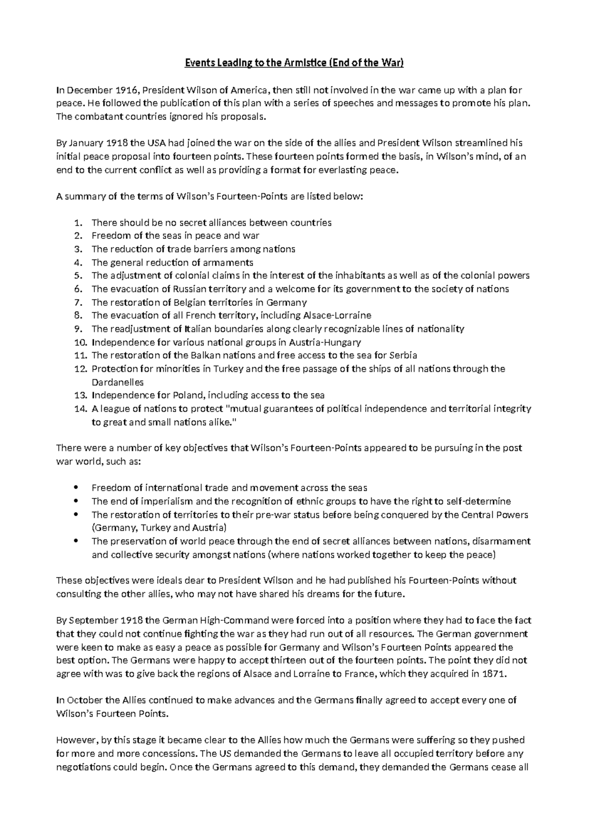 Events Leading to the Armistice: Wilson's Fourteen Points Explained ...