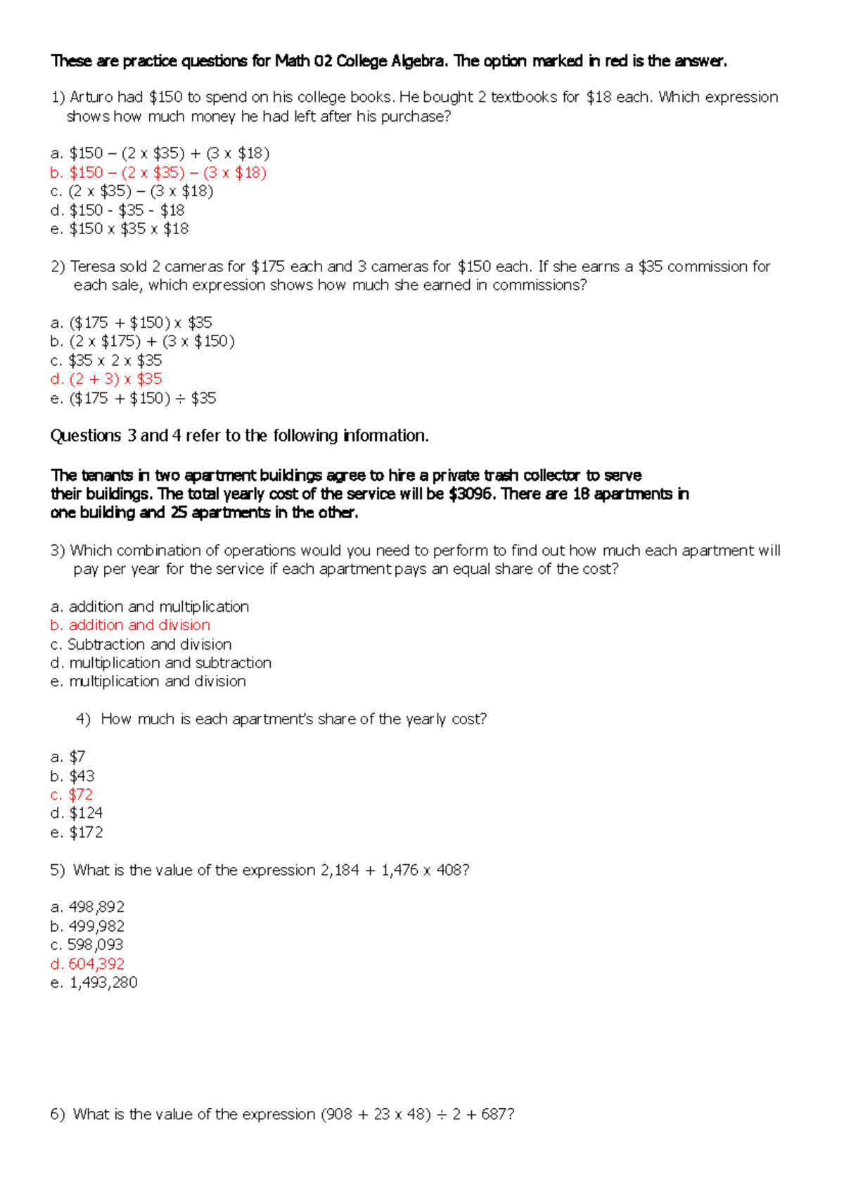 Practice Questions for Math 02 College Algebra - These are practice ...