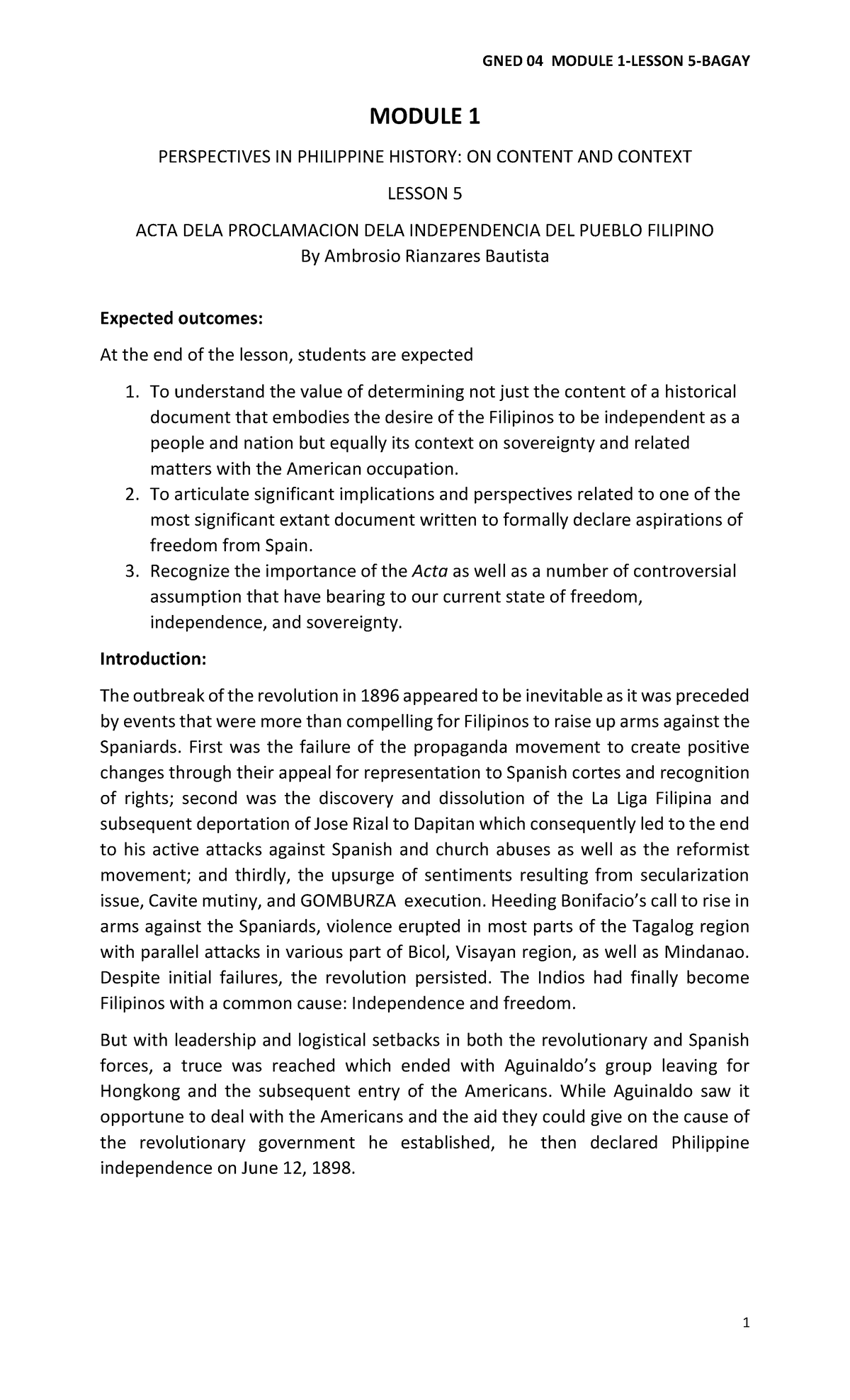 GNED 04 MODULE 1 LESSON 5: ACTA DE LA PROCLAMACION DE INDEPENDENCIA ...