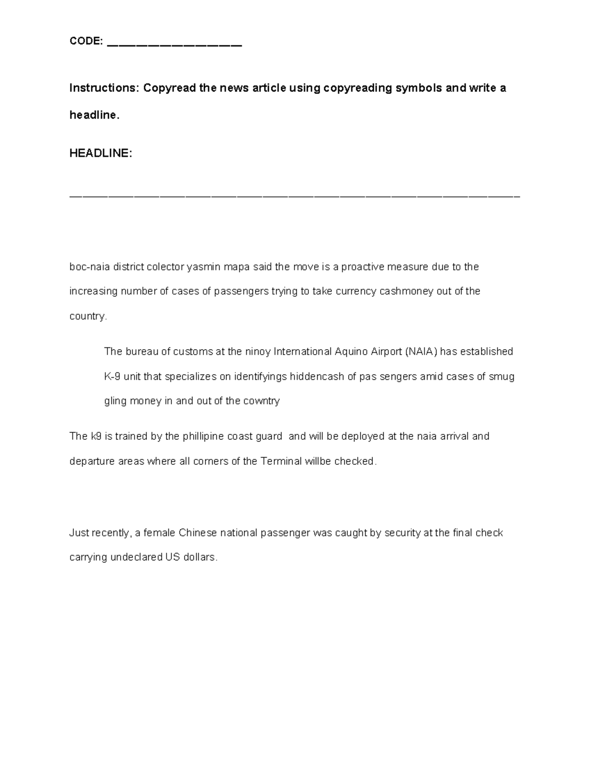 Copyreading & Headline Writing Exercises (CODE ...