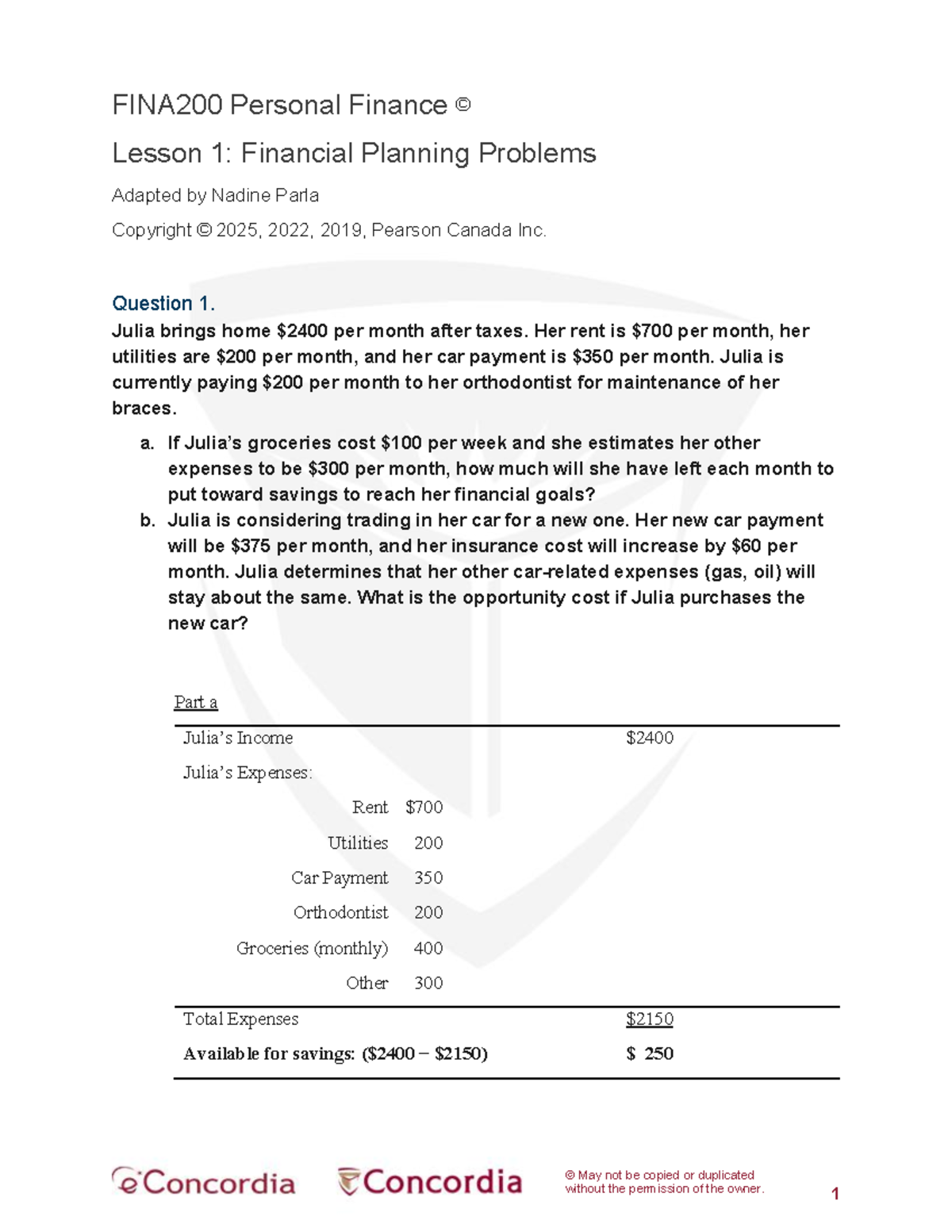 FINA200 Personal Finance Lesson 1: Financial Planning Problems - Studocu