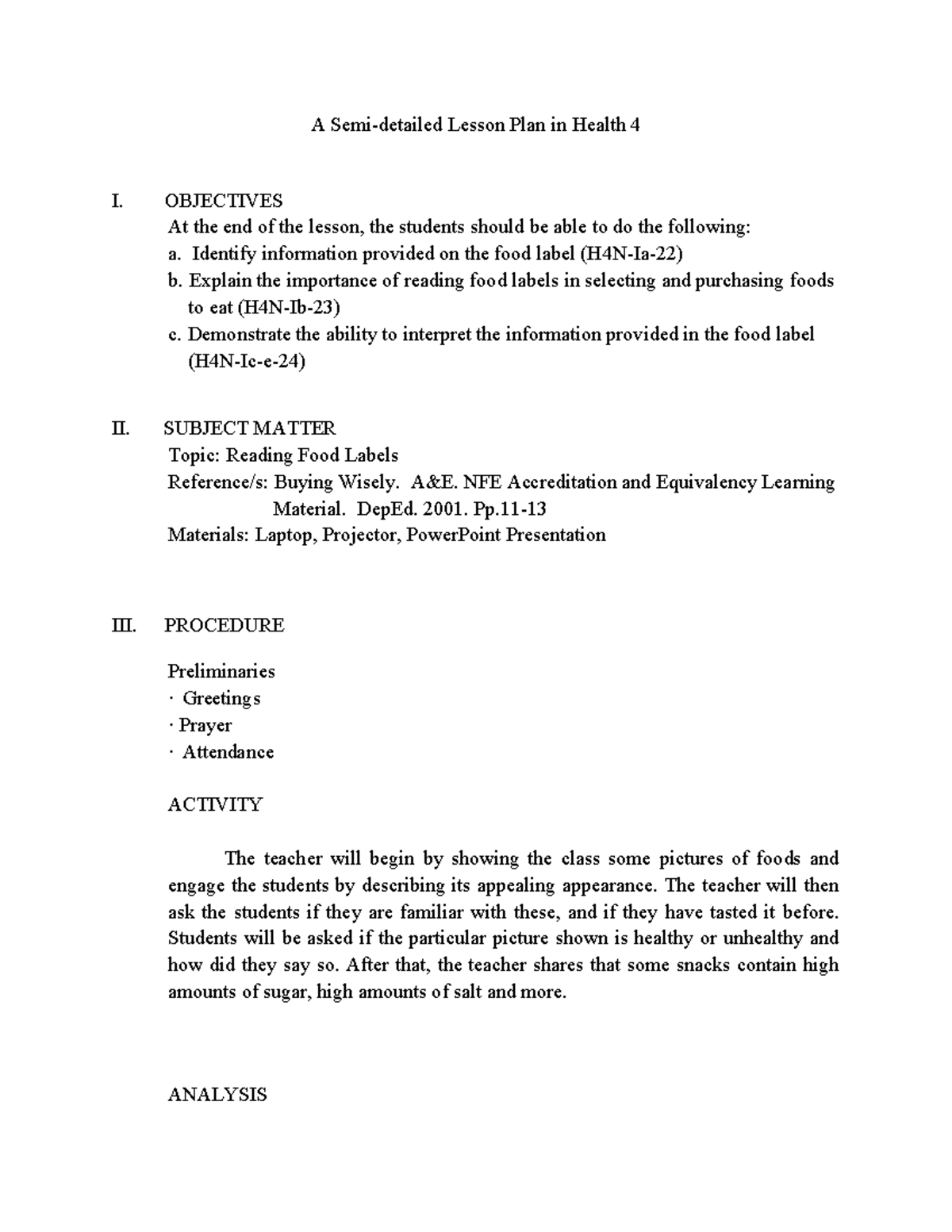 Semi-Detailed Lesson Plan in Health 4: Understanding Food Labels - Studocu