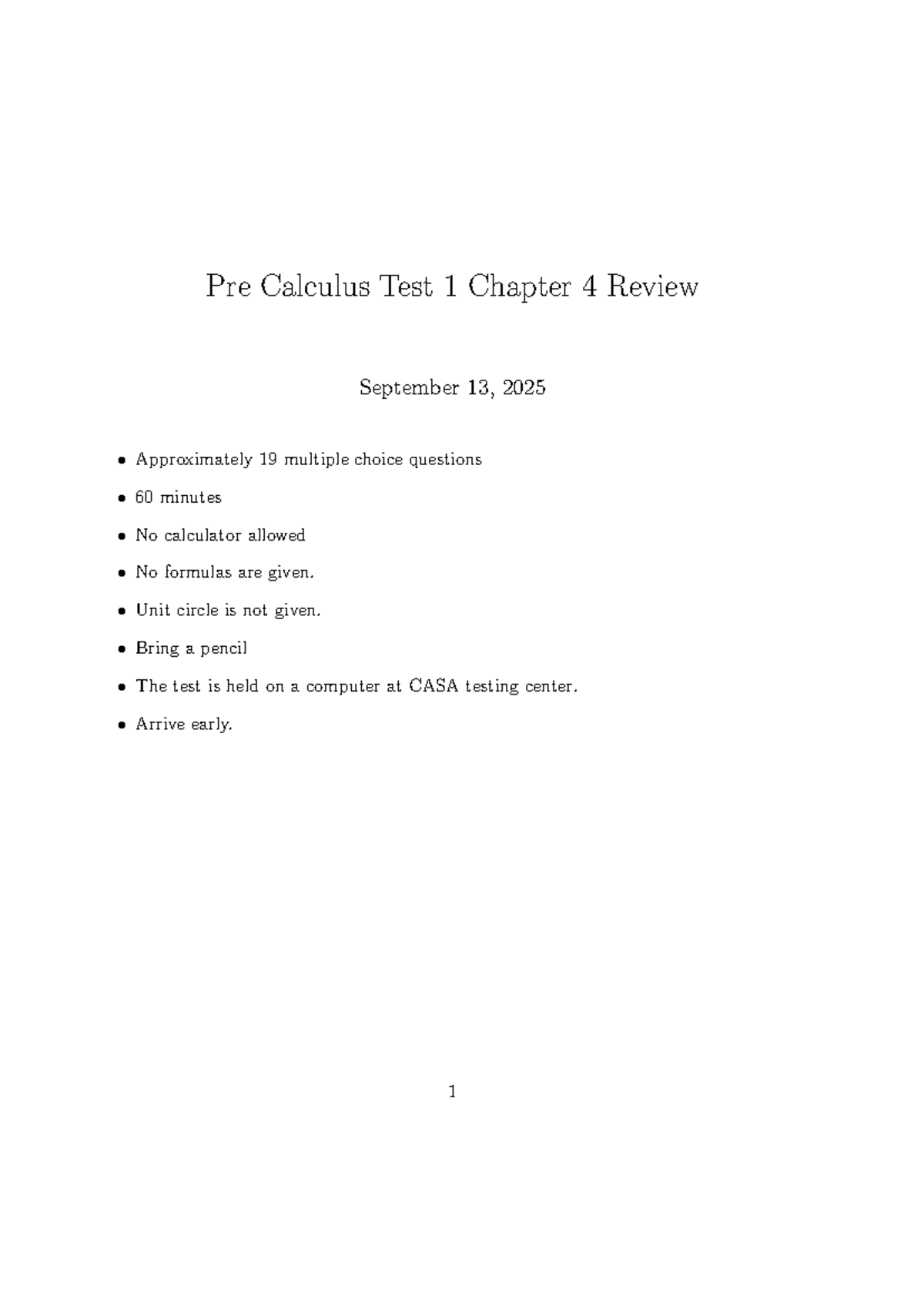 Precalculus Test 1 Review: Chapter 4 - Trigonometry & Ratios - Studocu