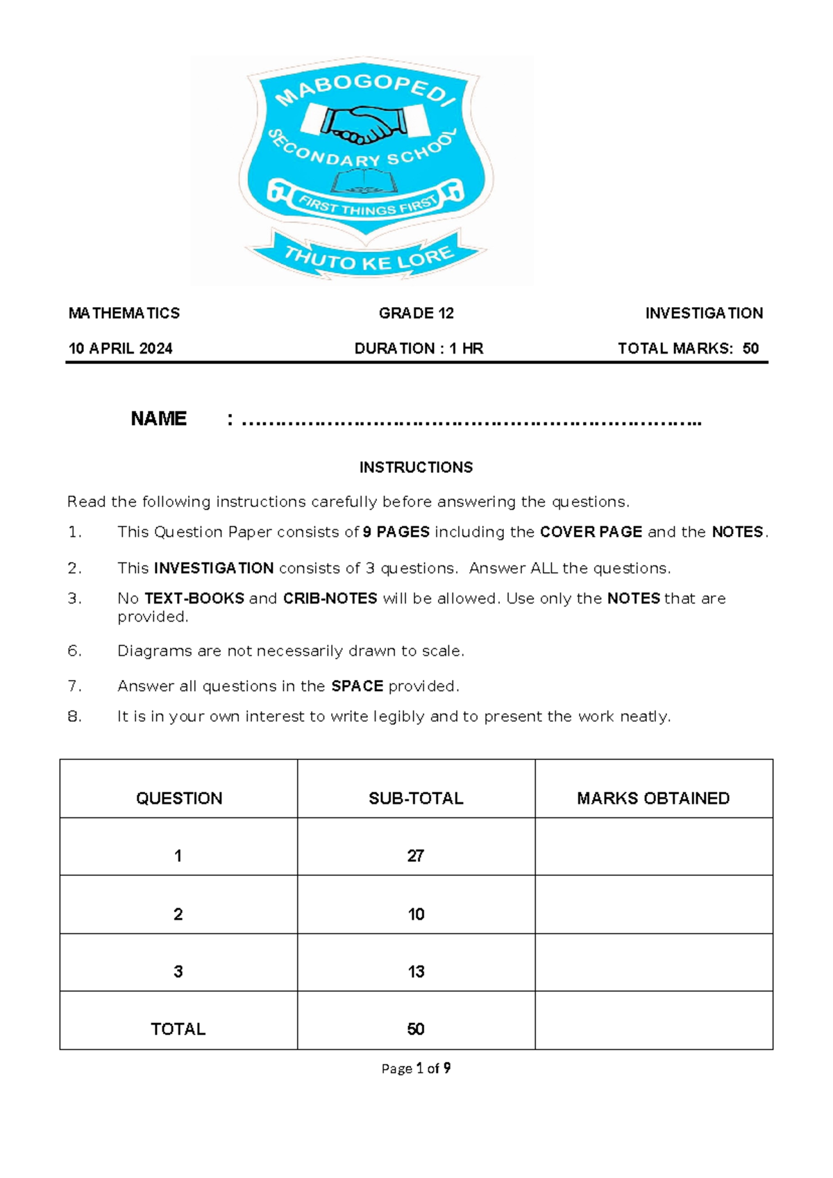 Grade 12 Maths Investigation - 10 April 2024 (50 Marks) - Studocu