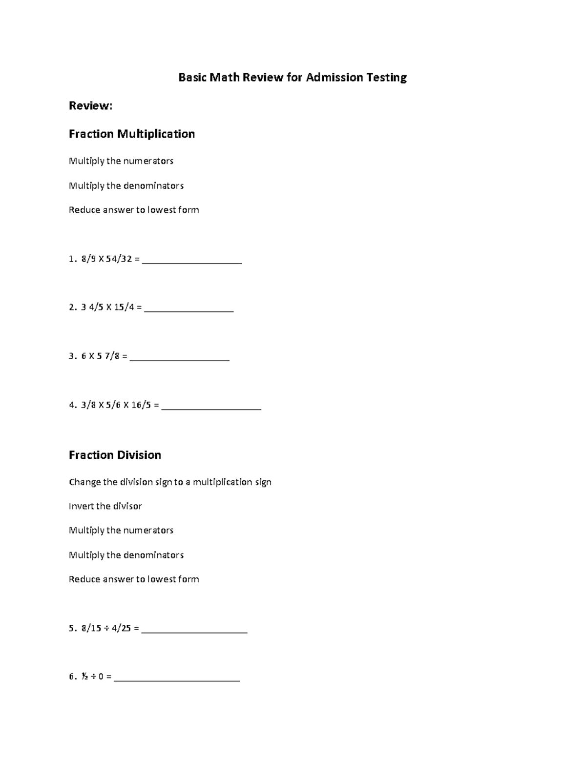 Basic Math Review for Admission Testing: Fractions & Operations - Studocu