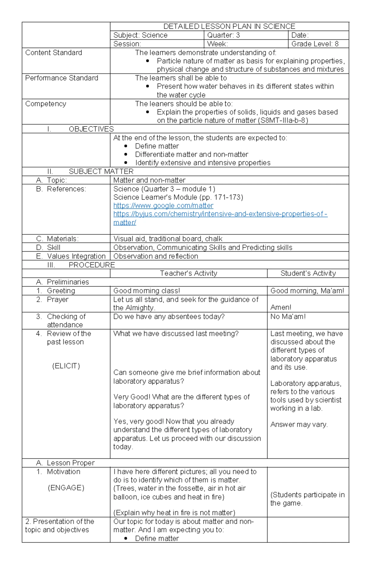 Detailed Lesson Plan: Particle Nature of Matter (Grade 8, Science ...