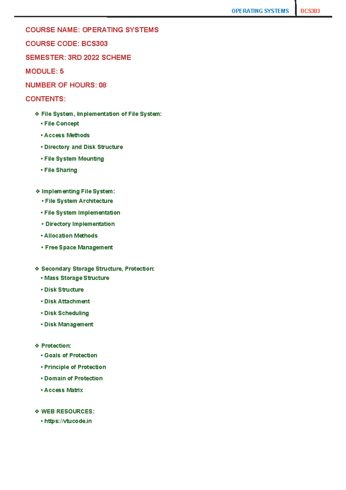 BCS303 Operating Systems Module 5: File System Implementation and ...