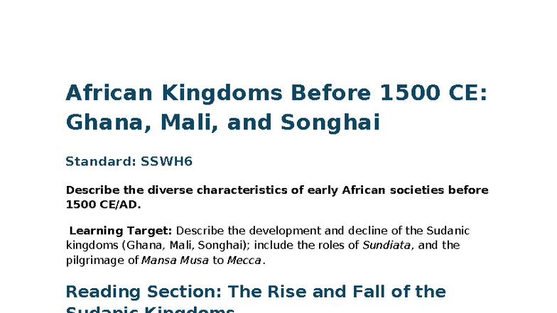 Ghana, Mali, and Songhai: The Rise and Fall of Sudanic Kingdoms (SSWH6 ...