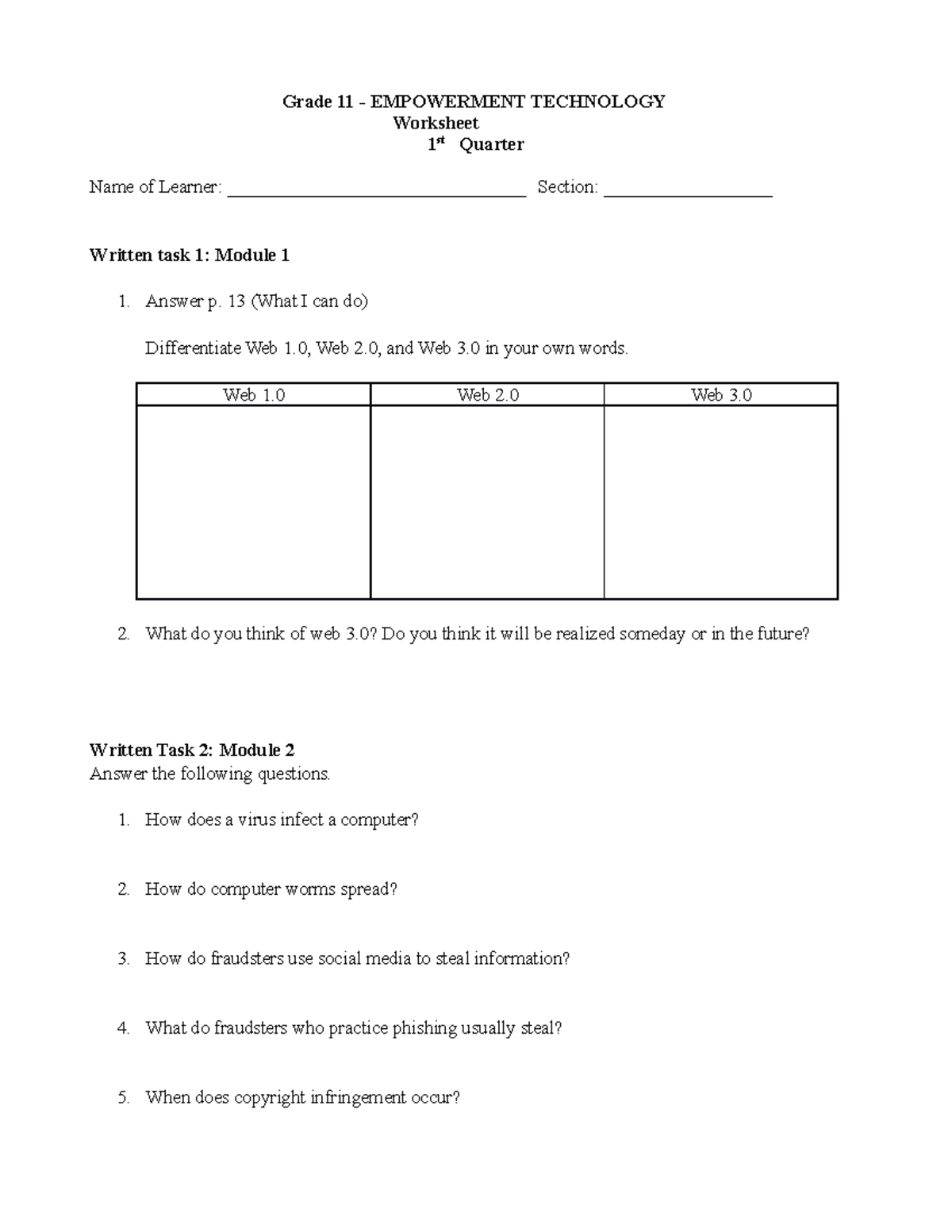 Grade 11 Empowerment Technology 1st Quarter Worksheet Activities - Studocu