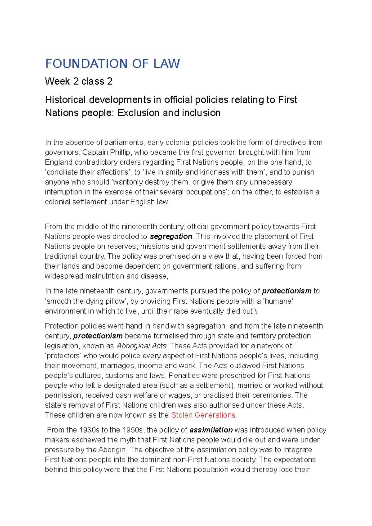FOUNDATION OF LAW Week 2 Class 2: Historical Policies on First Nations ...