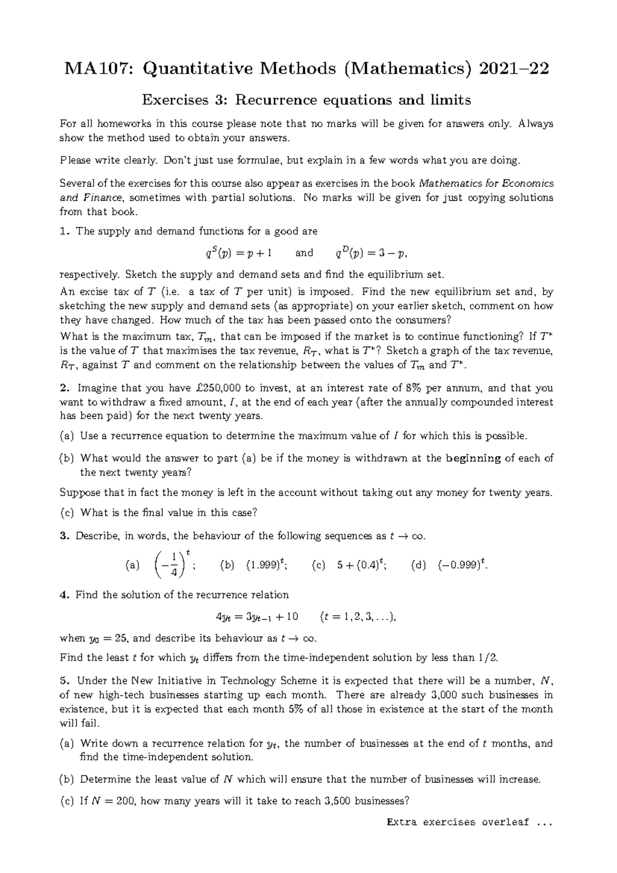 Ex.03 copy - MA107 PROBLEM SET 3 - MA107: Quantitative Methods (Mathematics) 2021– Exercises 3 ...