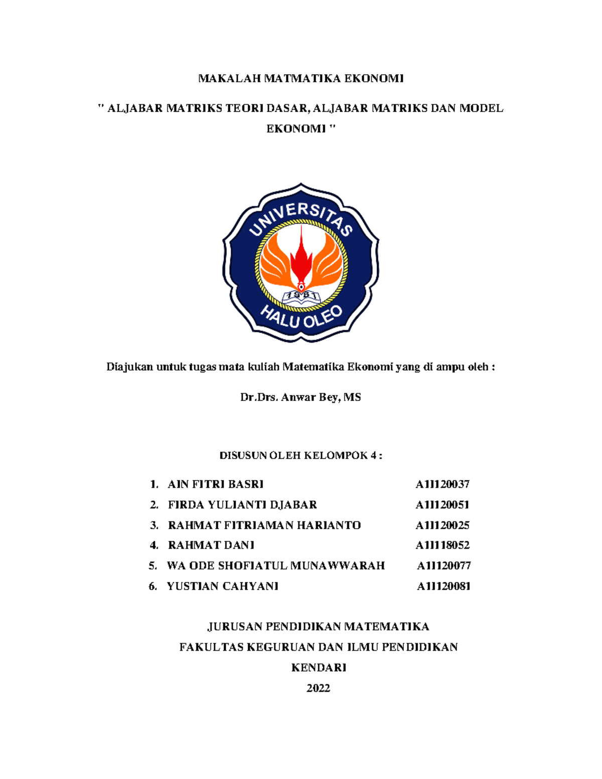 Makalah Kelompok 4: Aljabar Matriks dalam Matematika Ekonomi (MTK ...