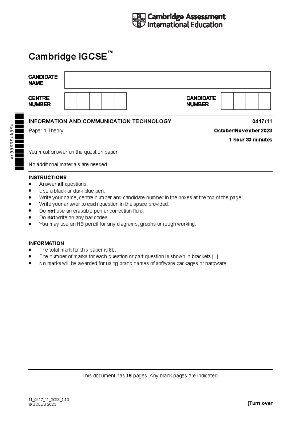 Cambridge IGCSE ICT 0417/11 Theory Paper 1 Exam 2023 - Studocu