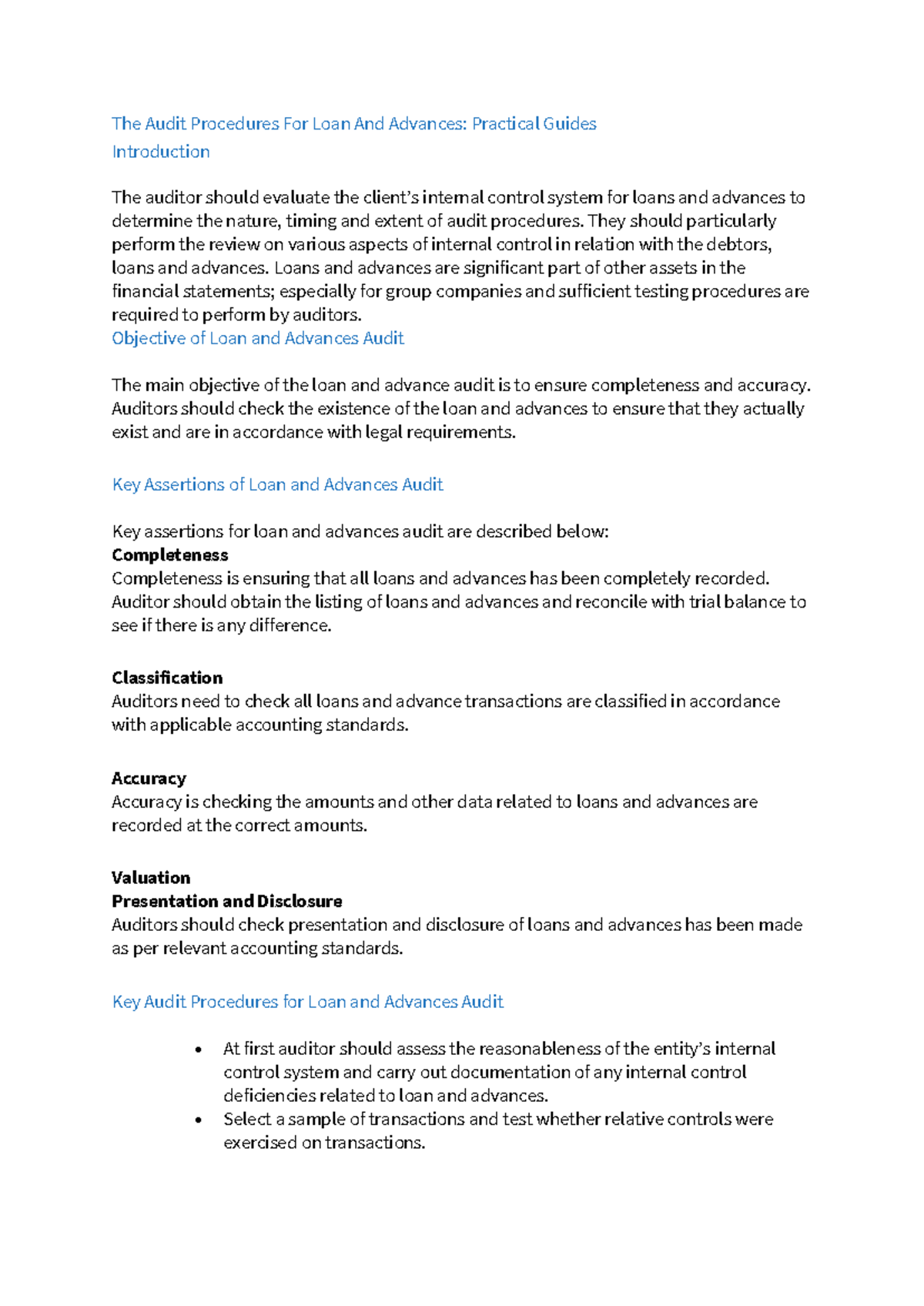 Audit Procedures for Loans & Advances: A Comprehensive Guide - Studocu