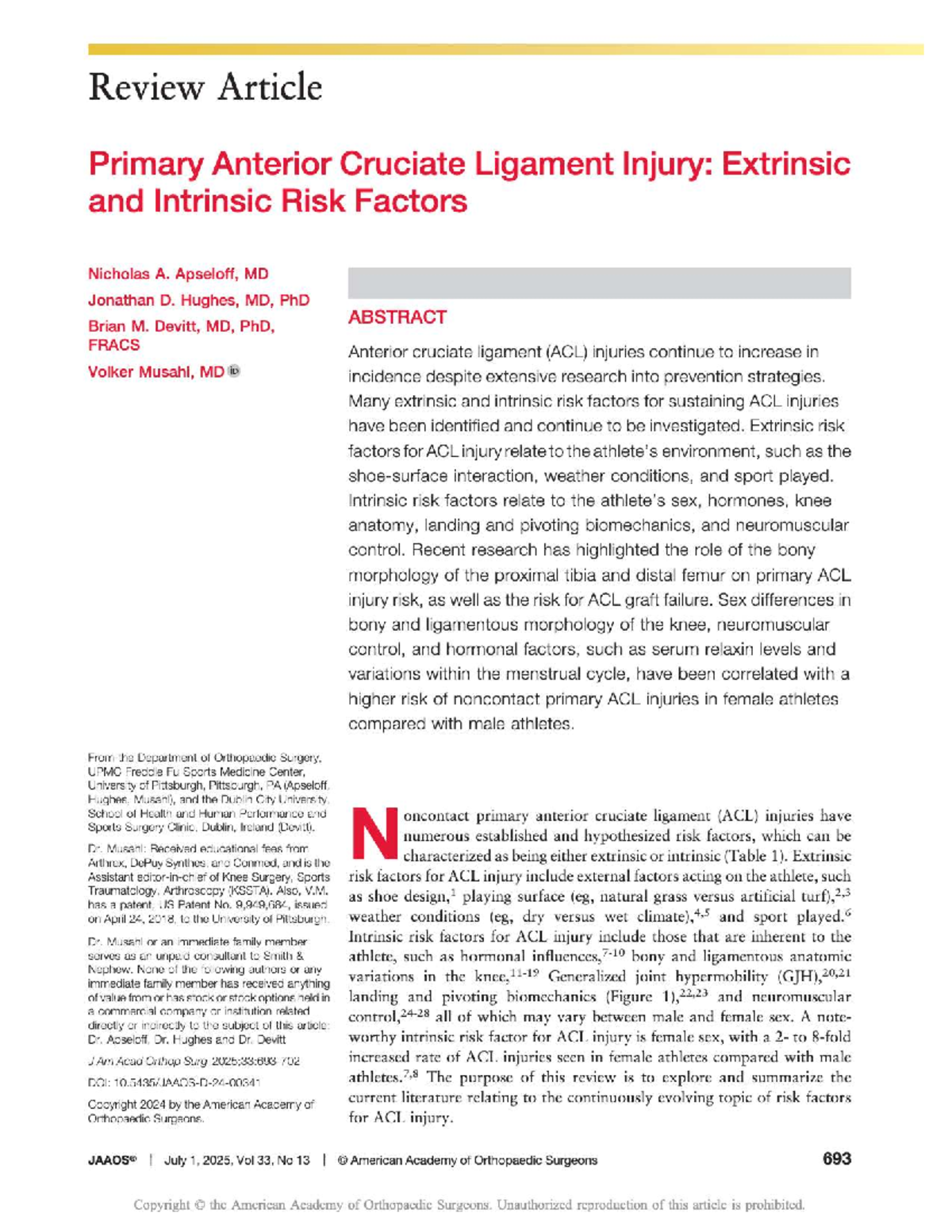 Primary ACL Injury: Extrinsic & Intrinsic Risk Factors Analysis - Studocu