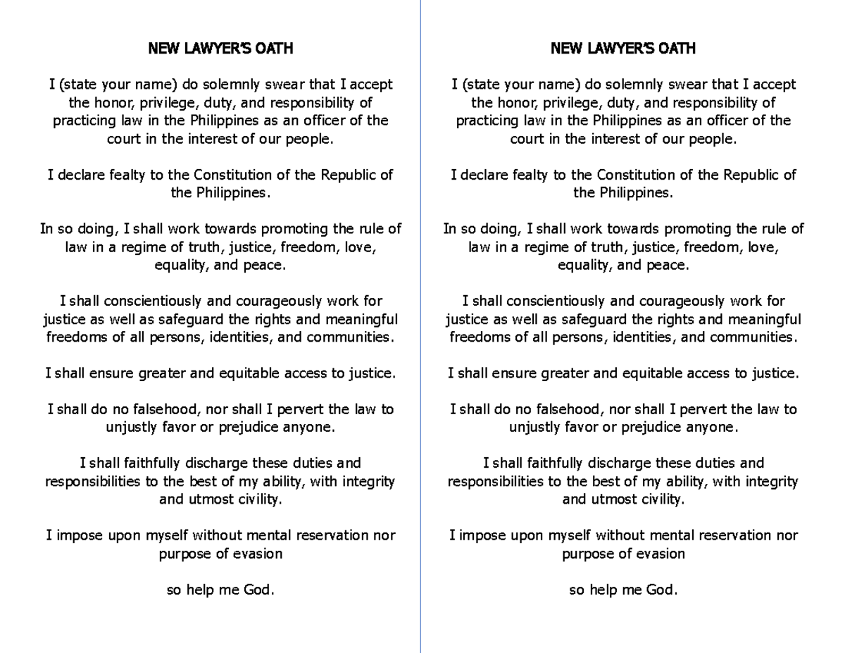 New Lawyer's Oath - NEW LAWYER’S OATH I (state your name) do solemnly ...